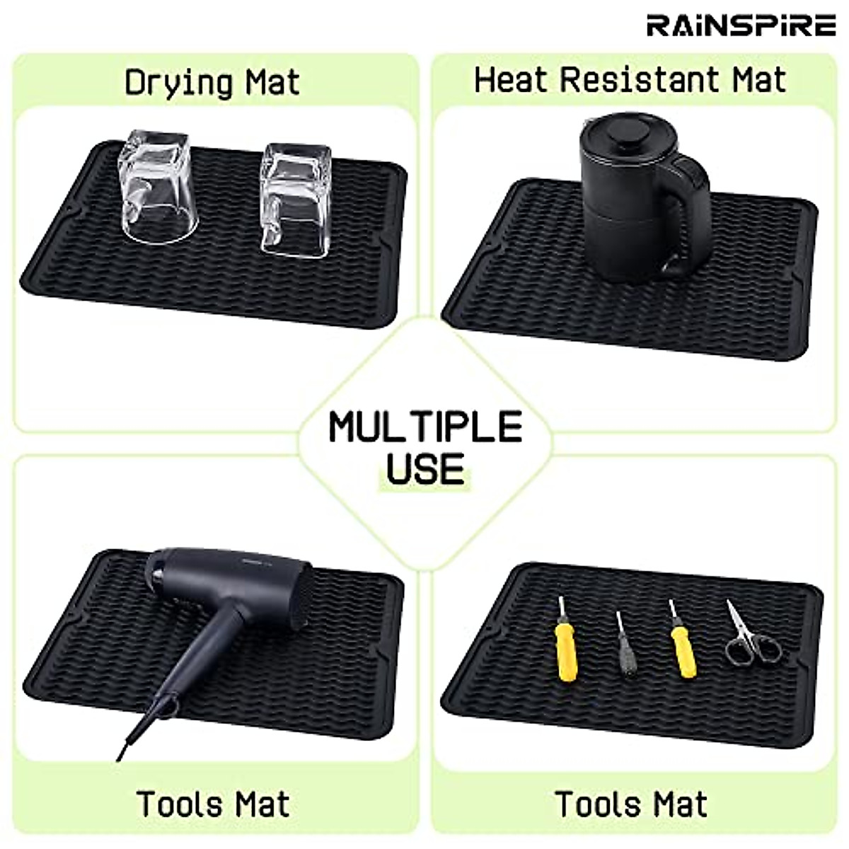 Rainspire Dish Drying Mats For Kitchen Counter, Silicone Dish Mat Drying Kitchen Mat, Food Grade Silicone Sink Drying Mat, Quick Dry Slip Resistant Kitchen Mats, 16x12inch, Black