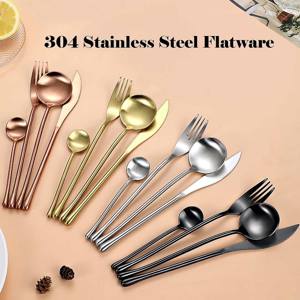 JASHII 304 Flatware Set Matte Black Silverware Set Satin Finished 18/8 Stainless Steel Cutlery Set with Round Handle 24 Piece Wedding Housewarming Gift Service for 6