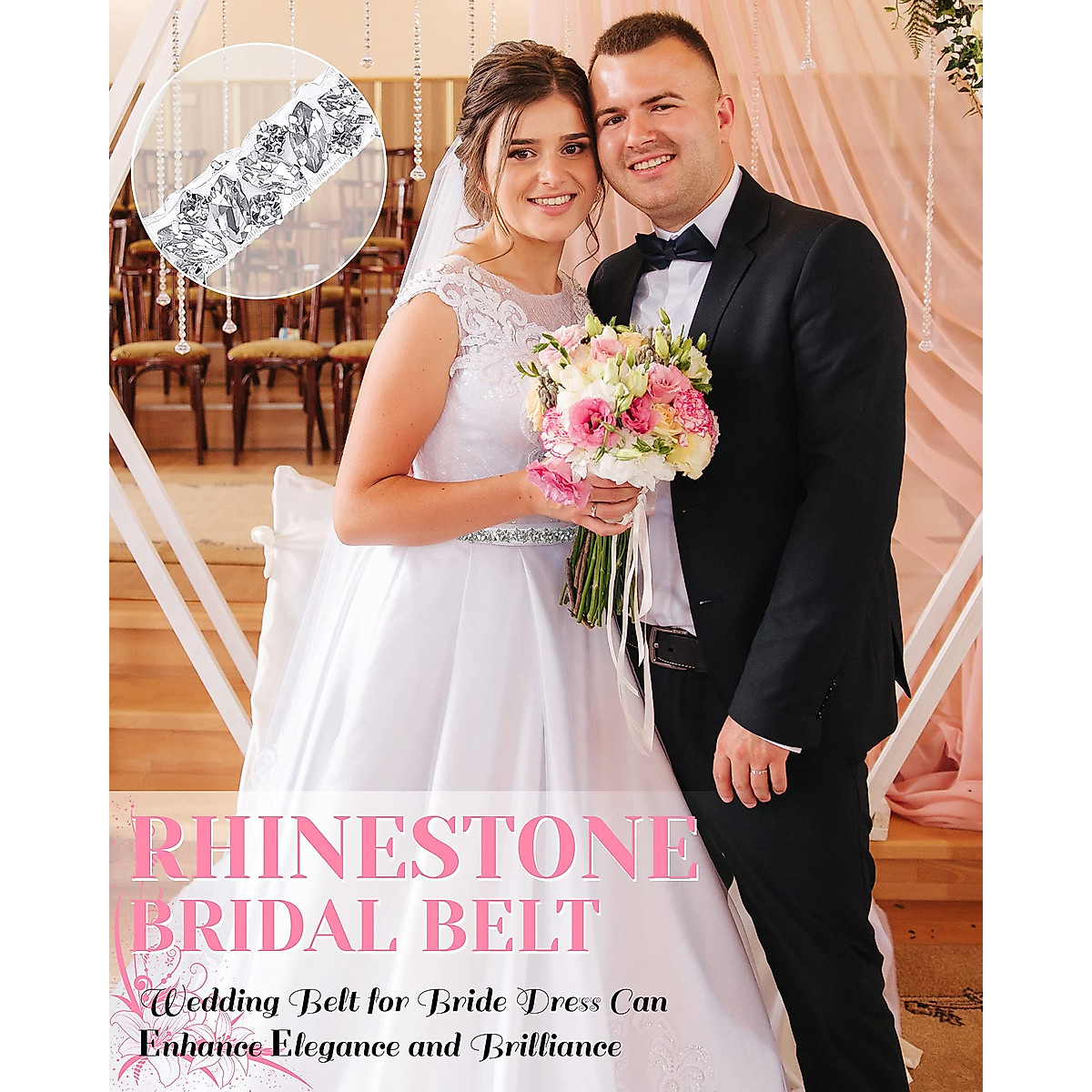 2 Pieces Rhinestone Bridal Wedding Dress Sash Belt Crystal Diamond Ribbon Wedding Belts for Bridesmaid Wedding Dress (White)