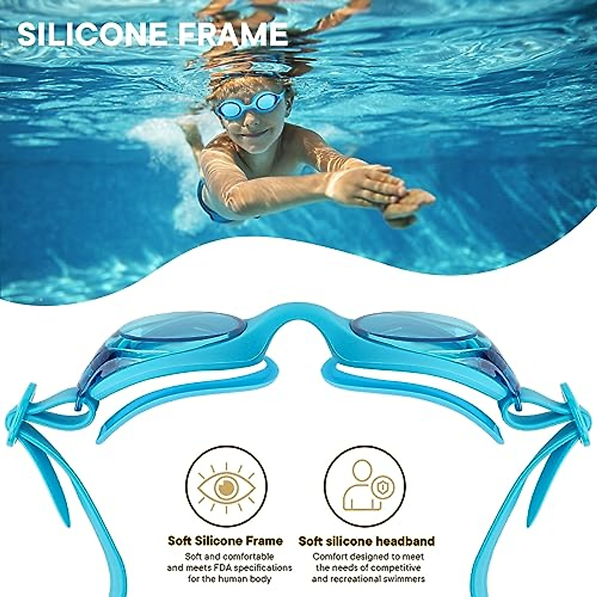 SILWARE Classic Swim Goggles, Colorful Silicone Swimming Goggles, Anti-Fog & Anti-UV, for Adult & Youth, with Waterproof Bag (Blue)