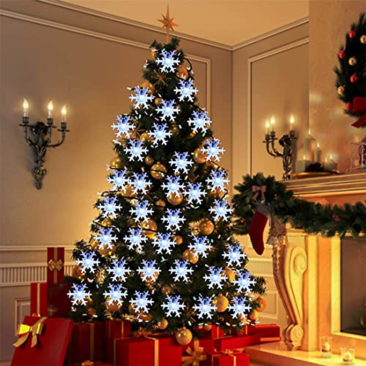 Solar Christmas Lights Outdoor, Cool White 55Ft 100 LED 8 Modes Snowflake Christmas Lights Waterproof Solar Christmas Decorative Lights Outdoor Christmas Tree Lights for Xmas Tree Garland Garden Yard