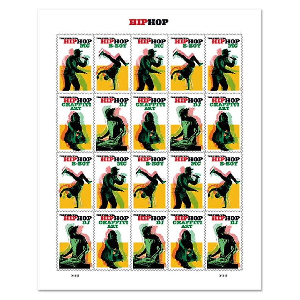 Hip Hop (MC with Microphone Rapping, B-Boy Dancing, Graffiti Art, DJ with Turntable) (Sheet of 20) Forever Postage Stamps Celebrating Electrifying Music Dance Art Movement 2020 Scott #5480-5484