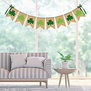 CAVLA Glittery Shamrock Burlap Banner St. Patrick's Day Green Shamrock Clover Banner Garland with Bows Saint Patrick's Day Party Decorations for Irish Lucky Day St. Patty’s Day Home Outdoor Decor