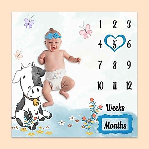 PHMOJEN Cow Baby Monthly Milestone Blanket, Farm Animals Butterflies Grass Flowers, Newborns 1 to 12 Months Unisex Include 4 Frames and 1 Headband 47"x47"BTLSPH503