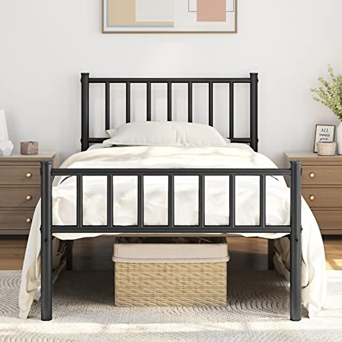 Yaheetech Twin Size Bed Frame Metal Platform Bed Frame Mattress Foundation with Spindle Headboard & Footboard/No Box Spring Needed/14 Inch Underbed Storage/Firm Support & Easy Set up Structure, Black
