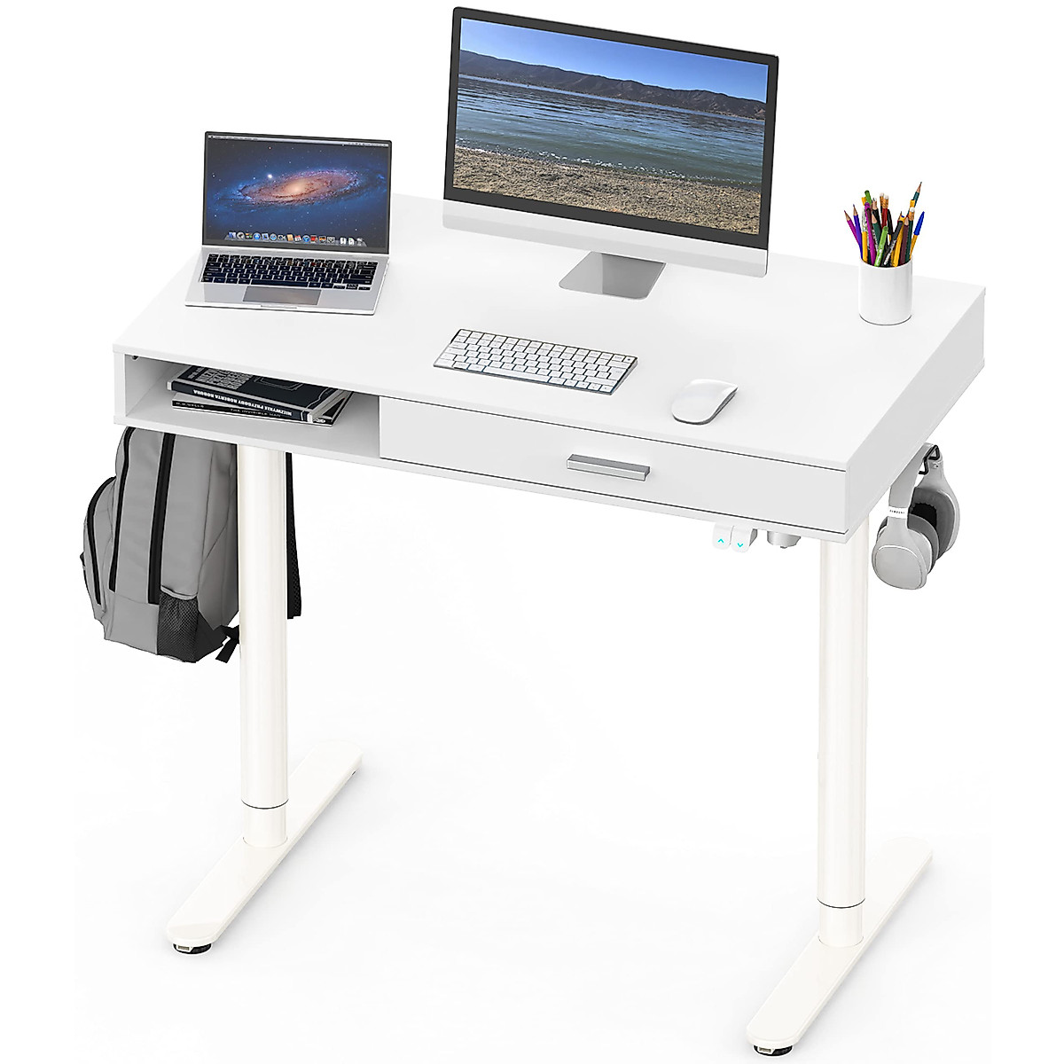 SHW Claire 40-Inch Height Adjustable Electric Standing Desk with Drawer, White