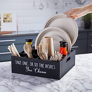 ALELION Paper Plate Holder for Counter, Cutlery Holder with Handles, Rustic Wood Organizer Caddy for Cups, Forks, Spoons, Napkins - Party BBQ Camping RV Buffet Caddy, Black Farmhouse Kitchen Decor