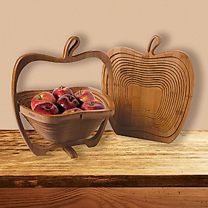 Collapsible Apple Shaped Bamboo Basket - Kitchen Fruit Centerpiece Bowl Decor