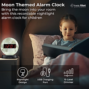 Sonic Alert Moon Alarm Clock Nightlight | Soft Ambient Light for Children in The Dark | Recordable Alarm Clock for Heavy Sleepers | Built-in Speake, Aux Connection