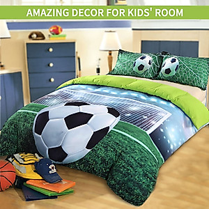ENJOHOS Green Kids Duvet Cover Queen, 3 Piece 3D Soccer Bedding for All Season, Sports Theme Microfiber Comforter Cover Set with 2 Pillowcase（No Comforter No Fitted Sheet）