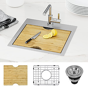 Le Bijou Collection 15 Inch Workstation Drop-in or Undermount 15 x15 Inch Single Bowl 18 Gauge Stainless Steel Handmade Kitchen & Bar Sink with Integrated Ledge and Accessories