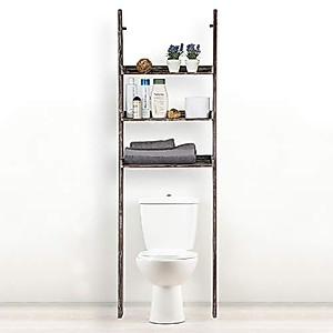 MyGift Over The Toilet Storage Shelves Torched Solid Wood 3 Tier Wall Leaning Ladder Bathroom Organizer Rack for Small Space Bathroom