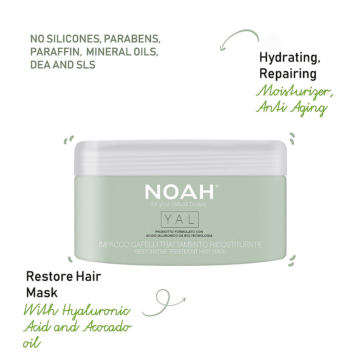NOAH for your natural beauty Restore Hair Mask, 6.76 fl.oz - Hydrating, Anti Aging Hair Mask with Hyaluronic Acid, Avocado Oil, Coconut Oil extracts, Paraben Free, Deep Hair Conditioner