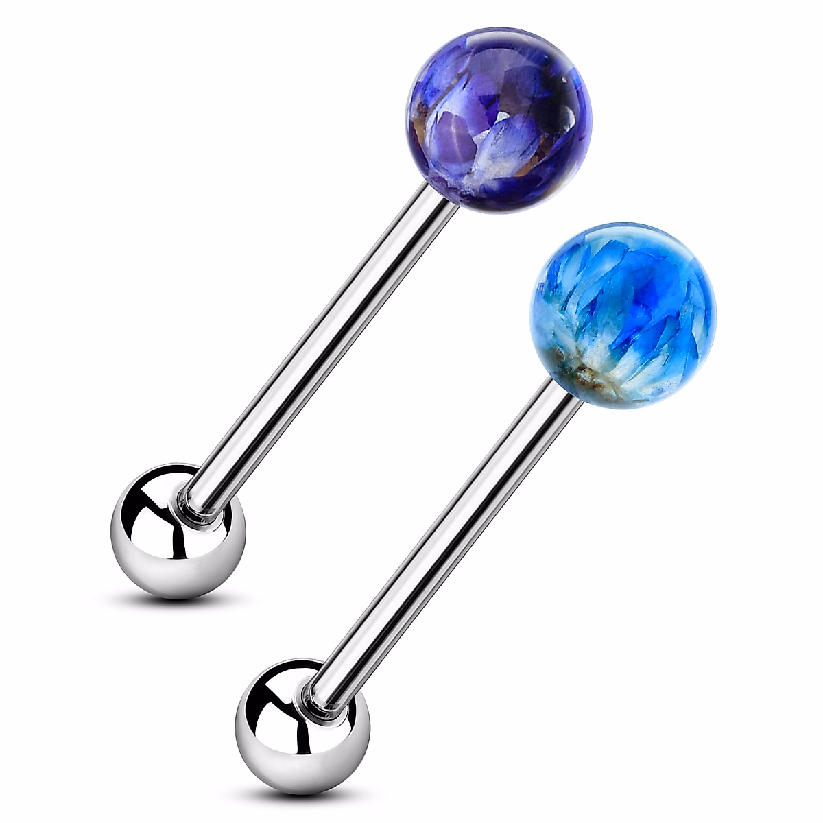 COCHARM 2pcs G23 Solid Titanium Tongue Rings for Women Purple Blue Flower Tongue Piercing Jewelryy Tongue Ring 14g Tongue Ring Tongue Bar Tongue Piercing Tongue Barbells