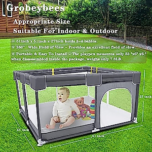 Grobeybees Baby Playpen for Toddler and Babies, Baby Playard, Indoor & Outdoor Kids Activity Center with Anti-Slip Base, Play Yard with Soft Breathable Mesh, Baby Fence Play Area(Grey)