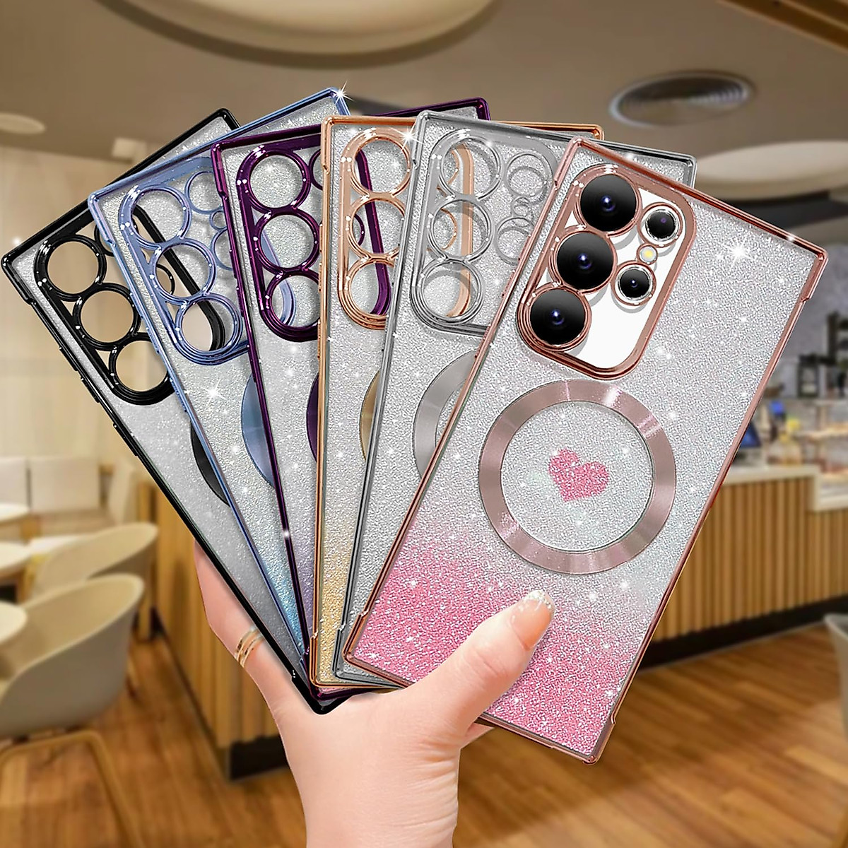 ZONRW for Samsung Galaxy S22 Ultra Case Magnetic,for Women Girl Soft Luxury Plating Bling Gradient Glitter Cute Heart Cover Compatible with MagSafe Clear Shockproof Protective Phone Case 6.8”-Silver