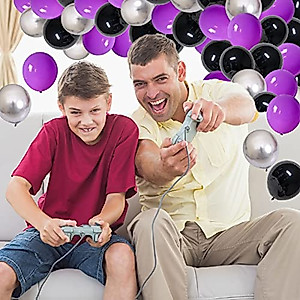 Purple, Metallic Silver, Black Balloons Arch - 121PCS Purple and Black Balloons Chrome Silver Balloon for Video Game Miner Birthday Engagement Graduation Halloween Purple Party Decorations