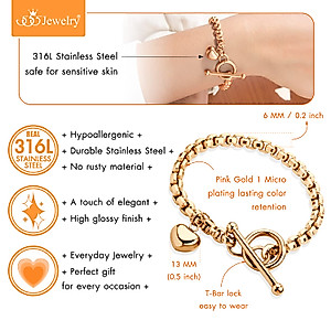 555Jewelry 5mm Stainless Steel Puffed Heart Charm Box Chain Bracelets for Women, T Toggle Clasp ‎Bracelets for Women, Heart Bracelets for Girls, Womens Heart Bracelets, 7 Inch, Rose Gold