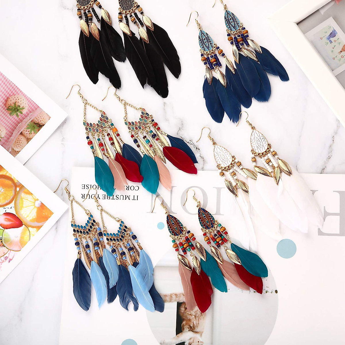 6 Pairs Women Faux Feather Earrings Dream Catcher Earring Bohemian Fringe Tassel Long Drop Dangle Earrings Set with Design for Women (Style 1)