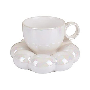 Koythin Ceramic Coffee Mug with Saucer Set, Creative Cute Cup with Sunflower Coaster for Office and Home, 6.5 oz/200 ml for Tea Latte Milk (Pearl White)