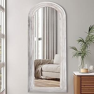 ZHUNFA Arched Full Length Mirror with Solid Wood Frame, 65x22 Farmhouse Wall Mirror Full Length with Stand, Rustic White