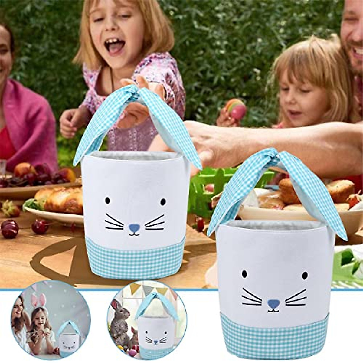 Leziazany Plaid Easter Bunny Basket Bags for Kids Canvas Egg Hunt Basket Bucket Monogrammed Rabbit Egg Gift Bags Polka Dot Portable Easter Tote Bag Party Candy Storage Decoration…