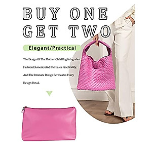 Woven Tote Handbags + Purse For Women Vegan Leather Shoulder Top-Handle Travel Shopper Bag Ladies Large Capacity Underarm Bag Rose Pink