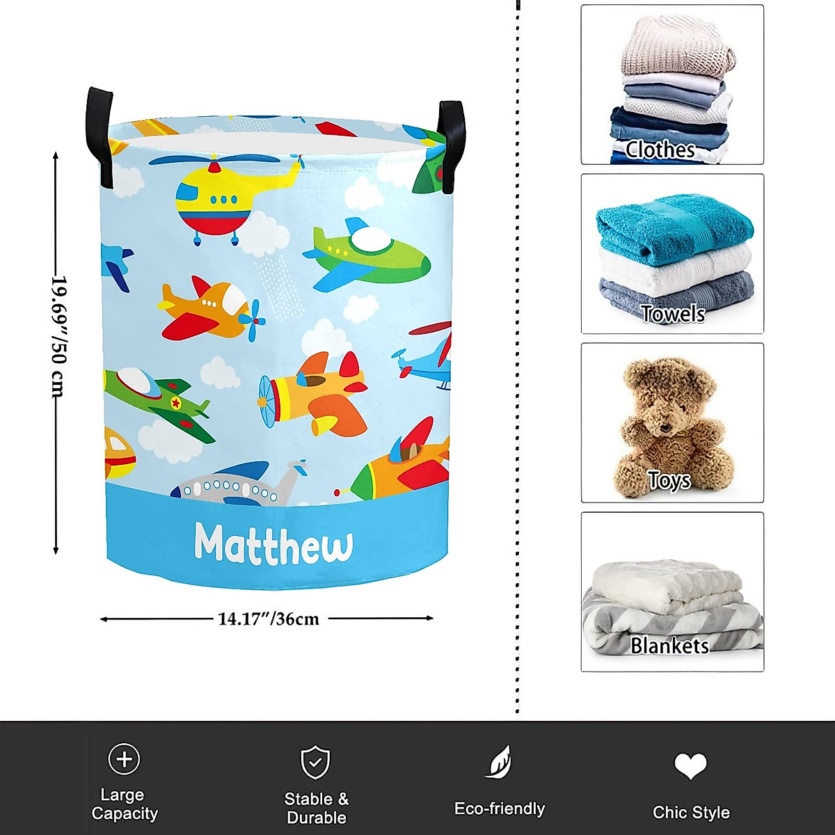 Personalized Laundry Basket Hamper,Airplane Blue Clouds,Collapsible Storage Baskets with Handles for Kids Room,Clothes, Nursery Decor