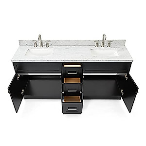 ARIEL 73" Black Double Vanity, 1.5" Edge Italian Carrara Marble Countertop & Splash, Rectangular Sink, 4 Soft Closing Doors, 3 Full Extension Dovetail Drawers, Built in Toe Kick, Brushed Nickel