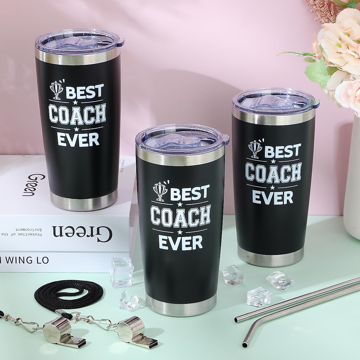 Didaey 3 Sets Coach Gifts Best Coach Ever, 20 oz with Whistle and Straws, Stainless Steel Travel Tumbler Coffee Mug Appreciation Thank You Gift Graduation Gift for Basketball Soccer Softball Coach