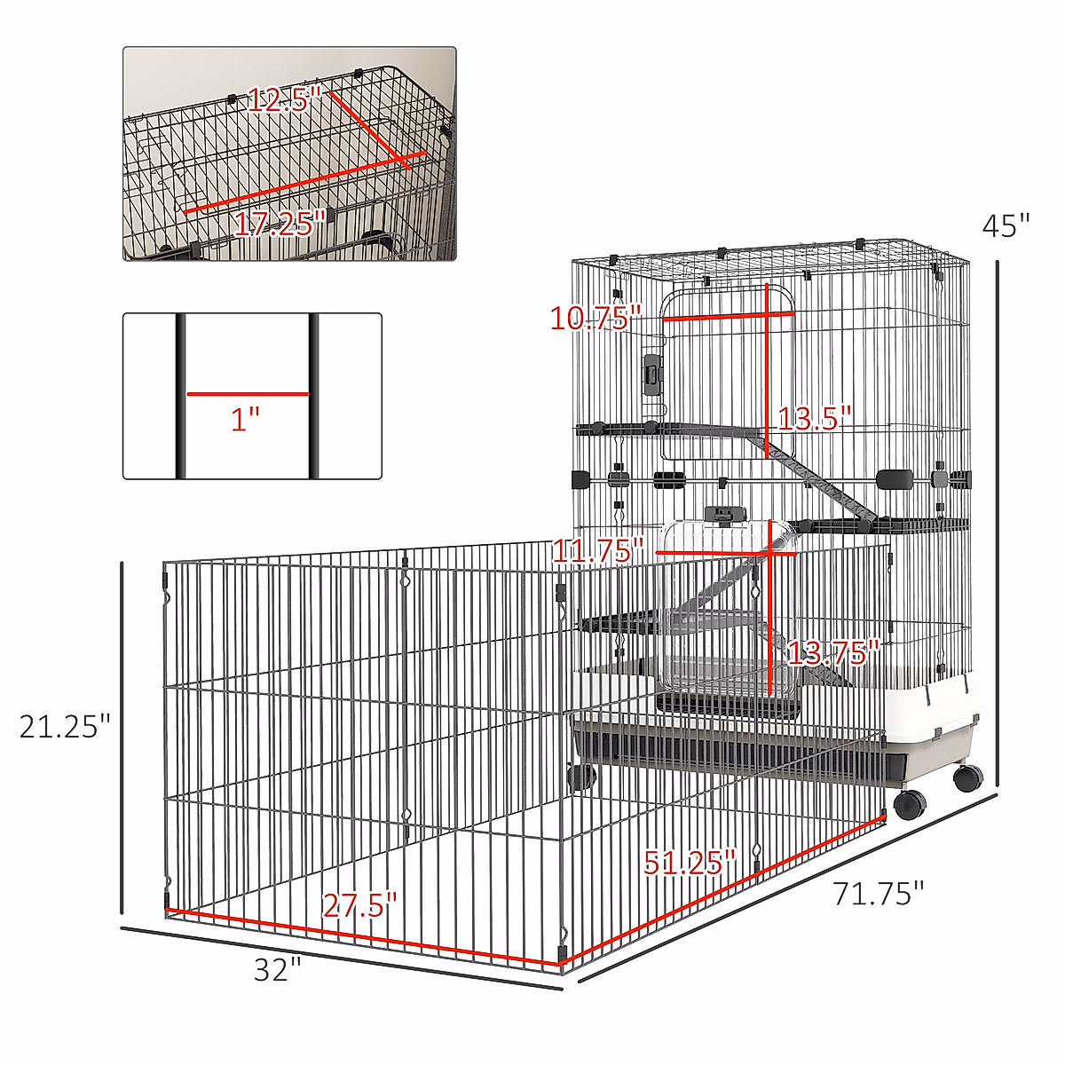 PawHut 4-Level Small Animal Cage Rabbit Hutch with Wheels, Removable Tray, Platform, Playpen and Ramp for Bunny, Chinchillas, Ferret, Black