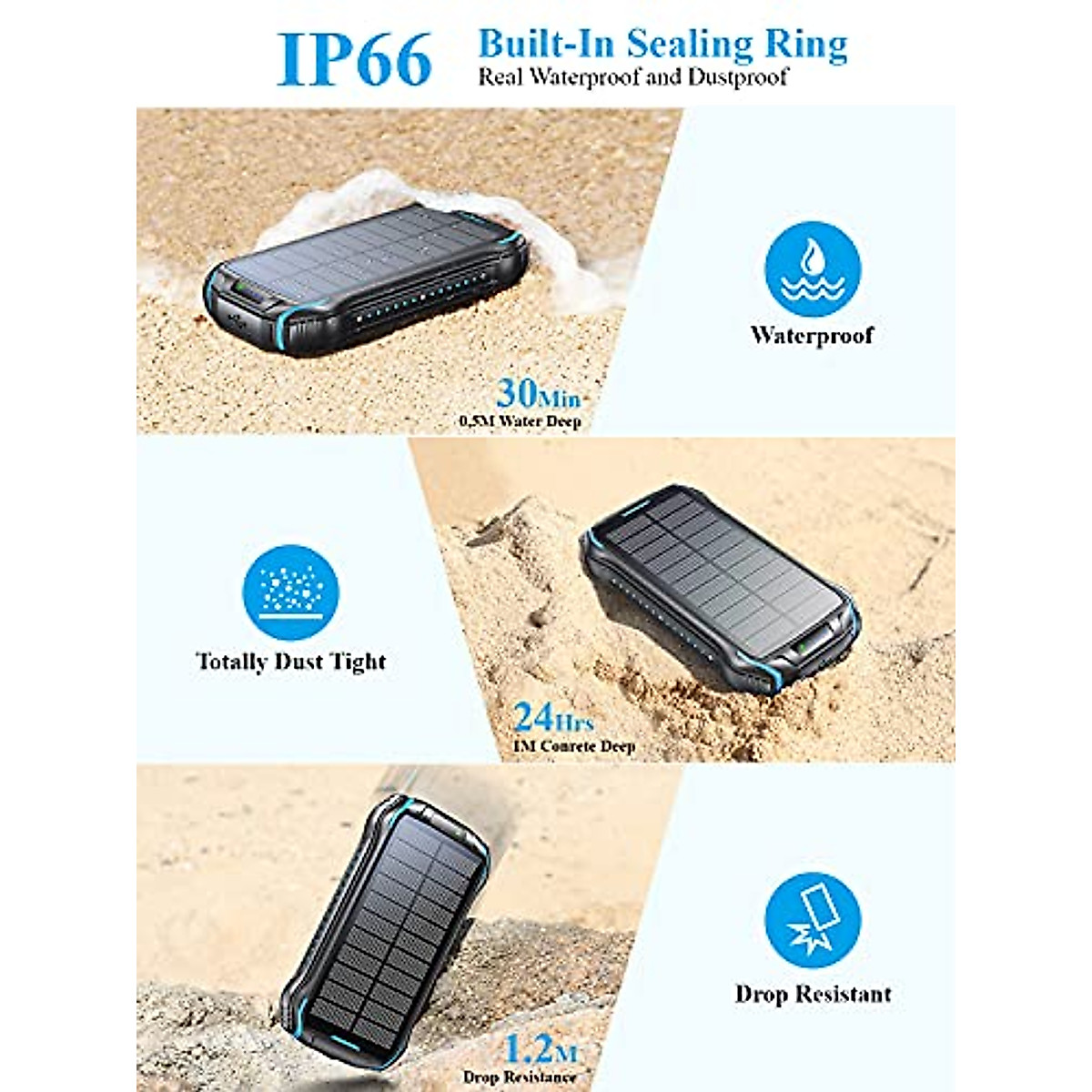 aonidi Solar Power Bank, Portable Charger 26800mAh with 5V 3.1A Output 2 Inputs, Outdoor Battery Pack with Flashlight IP66 Waterproof Battery Bank for iPhone Android Cell Phones