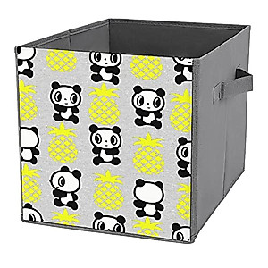 Panda Pineapple PU Leather Collapsible Storage Bins Canvas Cube Organizer Basket with Handles