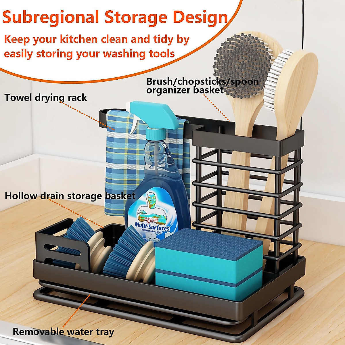 CIT ZCFYU Kitchen Sink Caddy Sponge Holder, Sink Caddy Kitchen Sink Organizer Stainless Steel, Dish Sponge Holder with Dishcloth Rack, Removable Drain Tray for Sponge, Gifts for Women & Men, Black