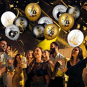 50Pcs Rock and Roll Music Balloons Black Gold Hip Hop Party Decorations Balloons Retro Guitar Music Themed Latex Balloon for Men Women Rock 80's 90's Birthday Rock Star Disco Party Supplies