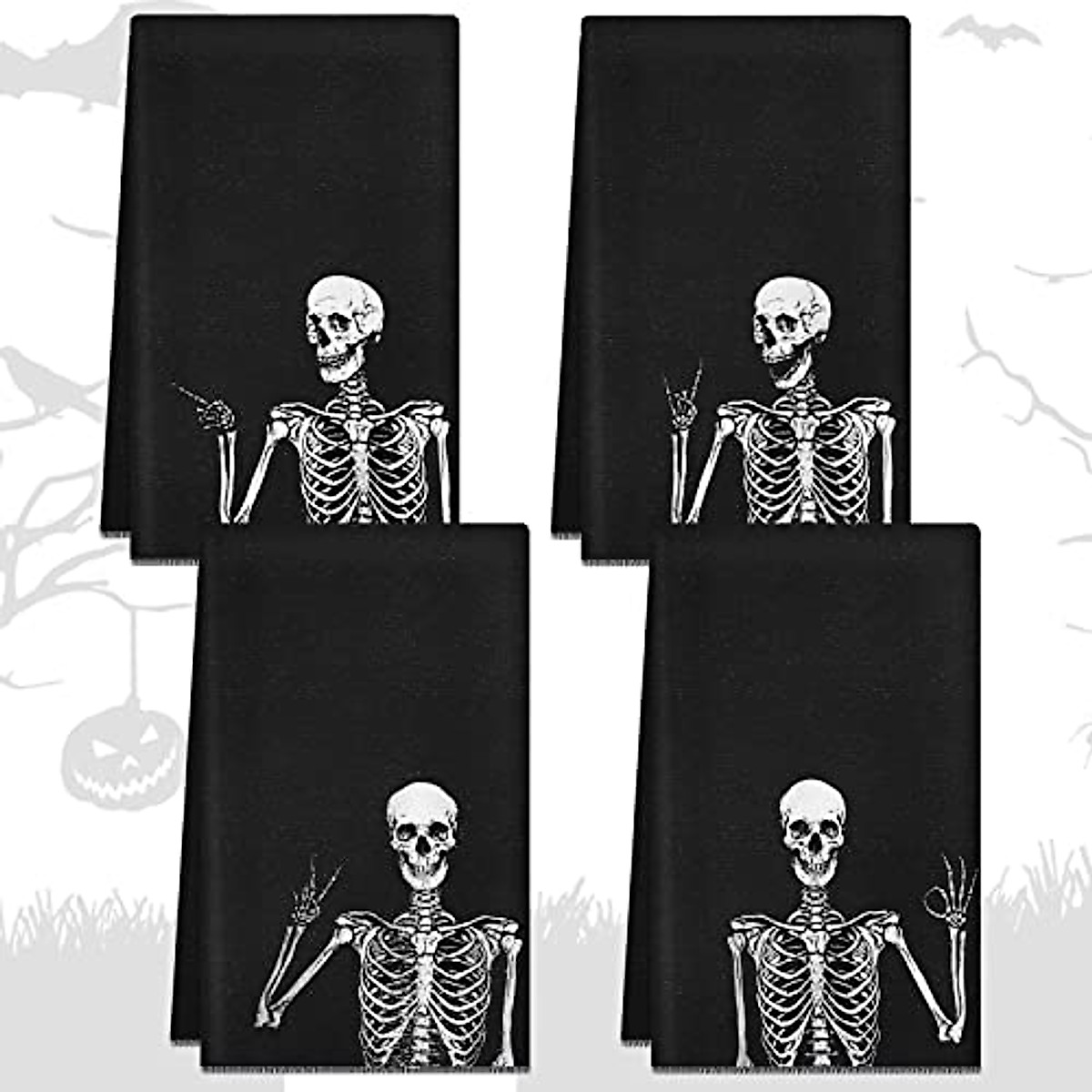 4 Pieces Halloween Kitchen Towels Gift Rock and Roll Skeleton Hippie Skull Dish Towels Ultra Absorbent Drying Cloth Tea Towels Bathroom Gift Halloween Seasonal Soft Coffee Tea Bar Hand Towels