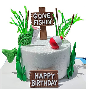 Fishing Cake Topper Gone fishing Cake with Bass Reed Happy Birthday Sign