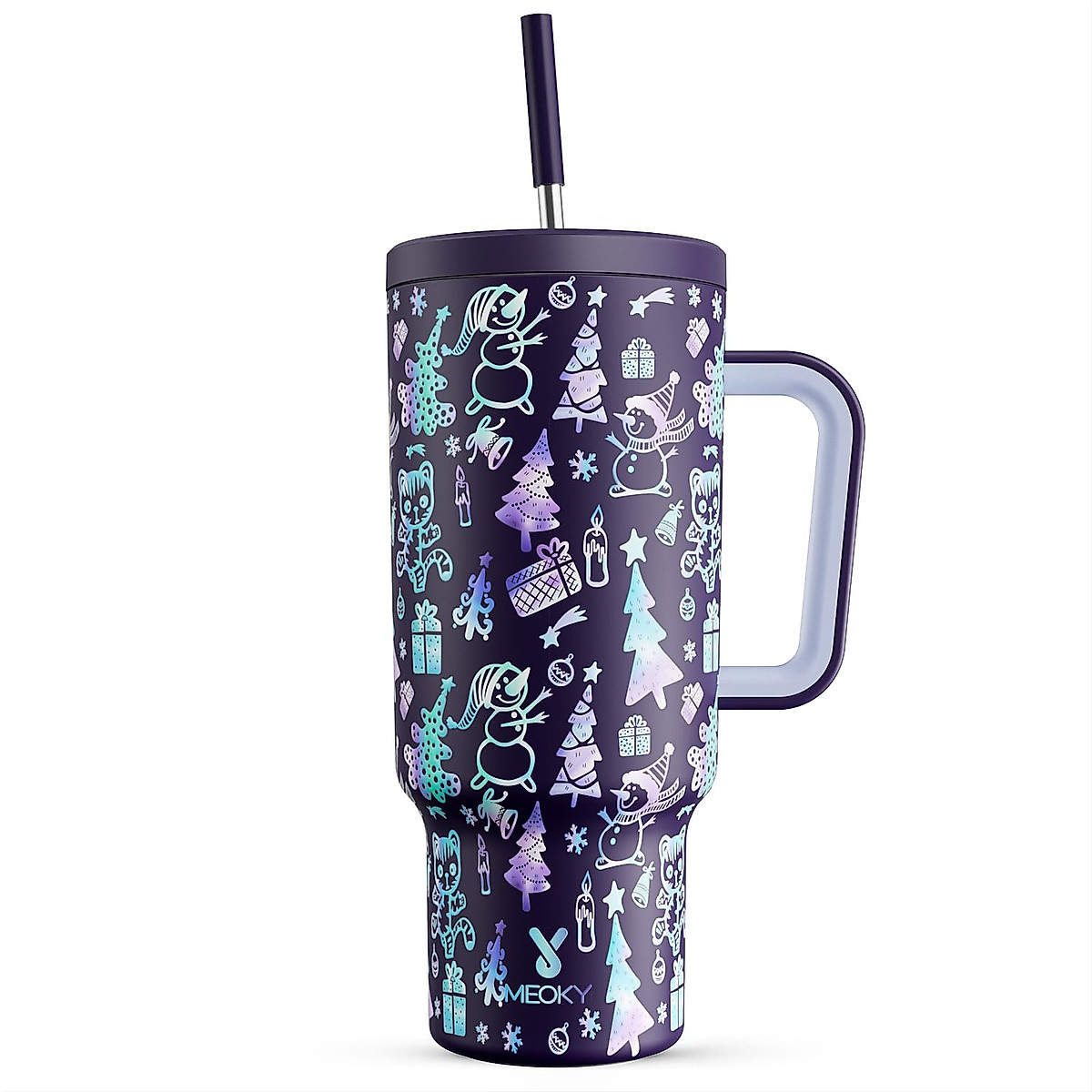 Meoky 40 oz Christmas Tumbler with Handle and Straw, Xmas Tumbler with Lid and Straw, Insulated Stainless Steel Travel Mug, 100% Leak-proof, Keeps Cold for 34 Hours (Christmas Tree)