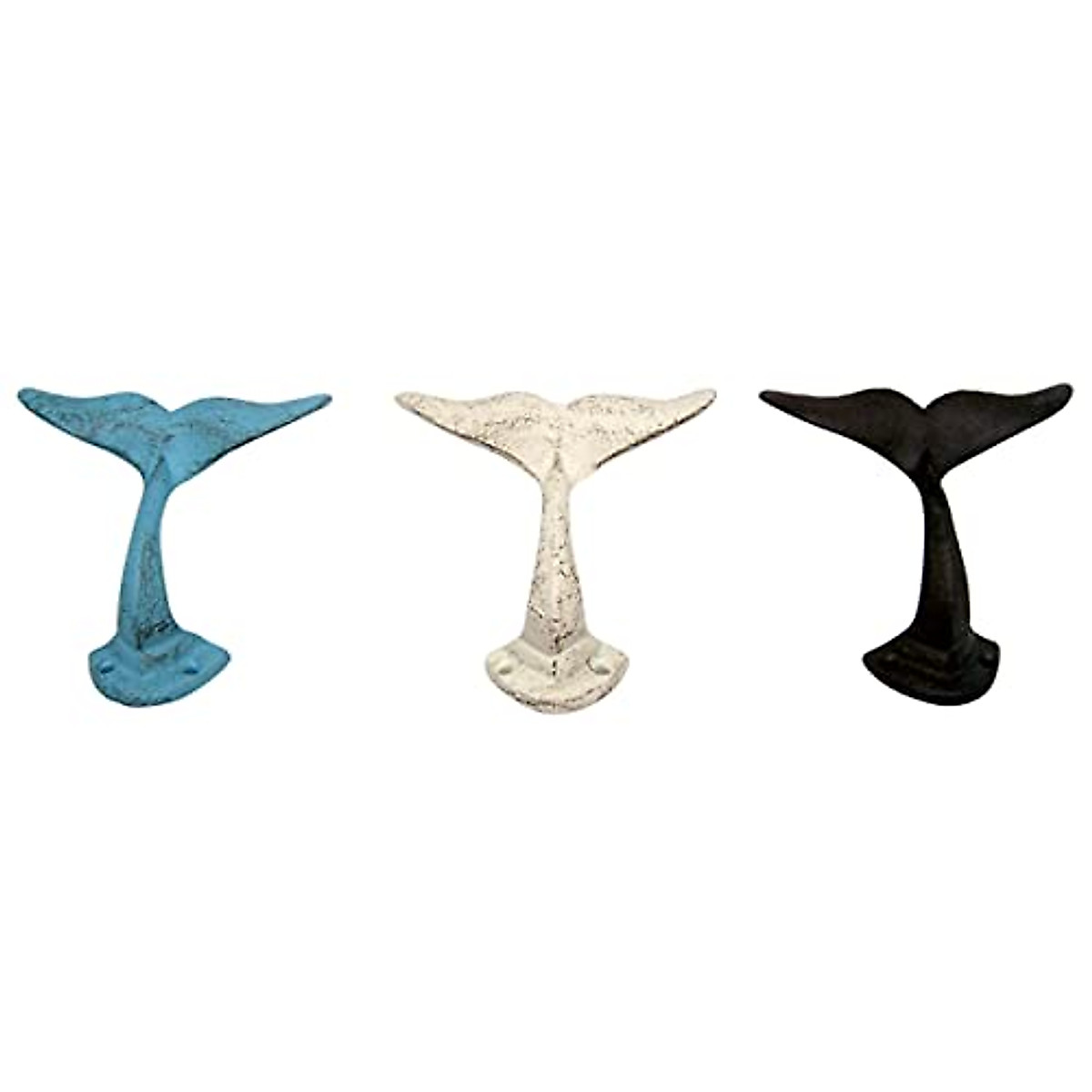Cast Iron Whale Tail Wall Hooks, Assorted Colors, 5 Inches, Set of 3