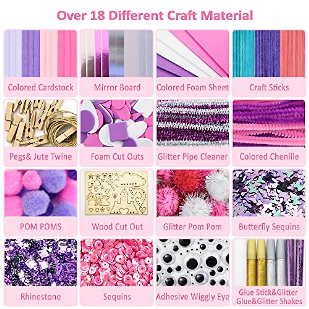 Livholic Card Making Kit for Girls with Purple & Pink Cardstock Paper Pipe Cleaners Googly Eye Foam Sheet Wood Die Cut Pom Poms Sequins All in One Craft Supplies & Materials Box for 8-12 Kids