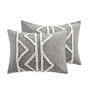 INK+IVY Hayes 100% Cotton Comforter Mid Century Modern Design Chenille Tufted All Season Bedding Set, Matching Shams, Decorative Pillow, Full/Queen, Yarn Dyed Gray 4 Piece