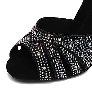 JUODVMP Women's Ballroom Dance Shoes Black T-strap Latin Dance Shoes with Rhinestones 4 inch Heel,8 US