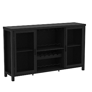 IBF Black Coffee Bar Cabinet, Liquor Cabinet with Wine Rack Storage, Industrial Kitchen Buffet Cabinet for Liquor and Coffee, Farmhouse Wine Cabinet for Home Living Dining Room, Black Oak, 55 Inch