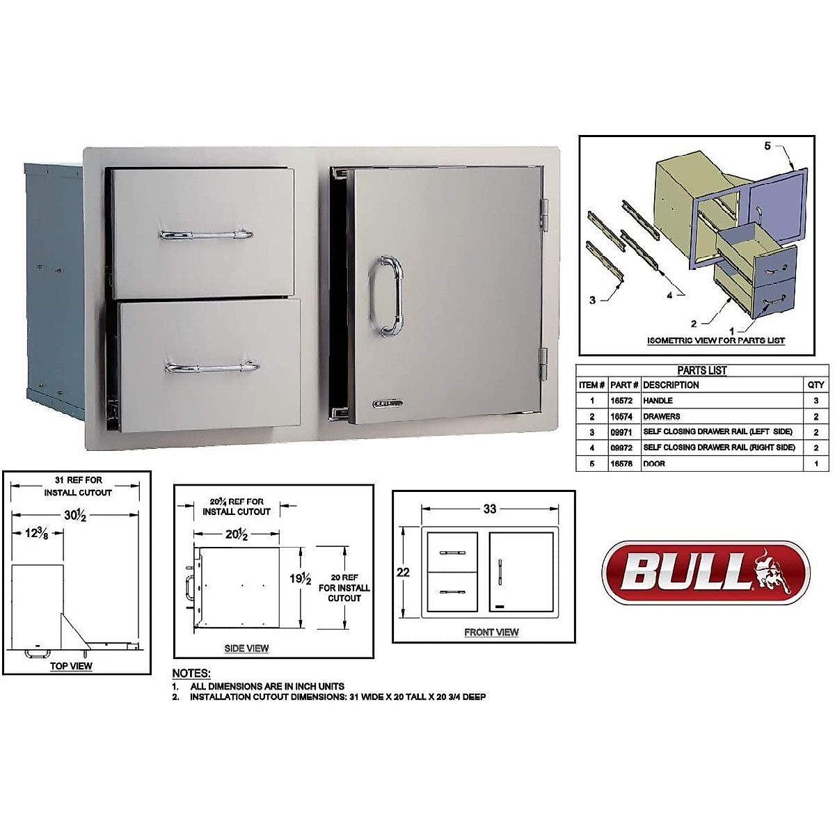 BULL GRILLS The Angus 30" Propane Gas Grill Package-Includes Refrigerator, Single Side Burner, FREE Cover, Double Drawer combo & 5-1 BBQ Tool - FREE Bio-Ethanol Table-top Fire pit