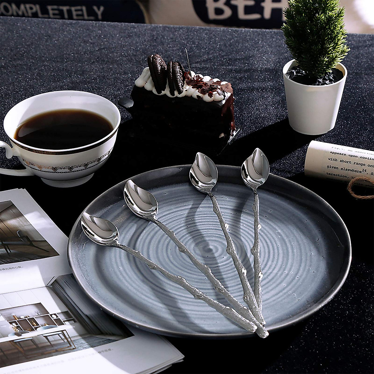 HISSF Long Handle Spoons, Iced Tea Spoons, 18/10 Stainless Steel Stirring Spoons, 4pcs Leaf Spoons, 8.66-inches