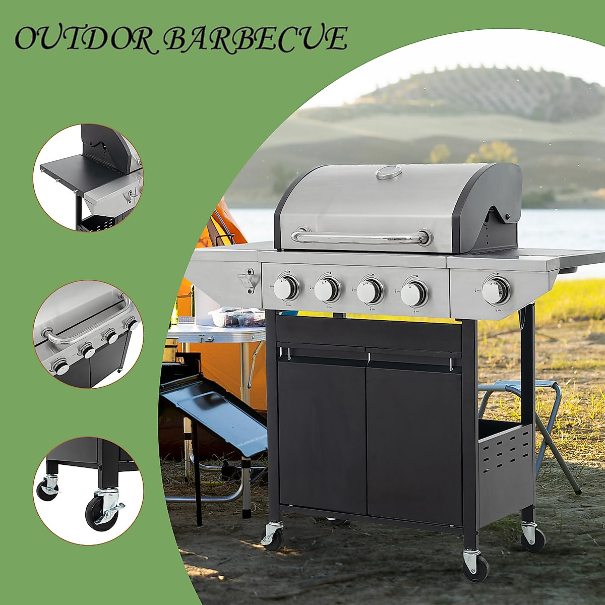 4-Burners Propane Gas BBQ Grill with Side Burner and Thermometer, Cart Style Outdoor Stainless Steel Cooking Barbecue Propane Grill for Backyard Barbecue Camping