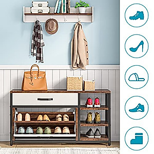 Tribesigns Flip Drawer Shoe Storage Bench, Hidden Shoe Cabinet with Drawer and 4 Tiers Shelves, 4 in 1 Tipping Bucket Shoe Storage Rack for Entryway, Hallway, Living Room, Rustic Brown & White