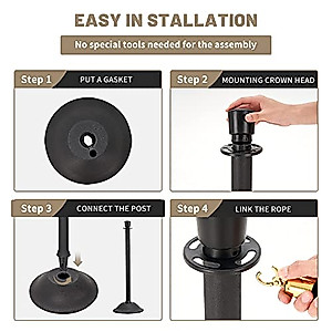 HABUTWAY 6PCS Plastic Stanchions Post, 6 Black Velvet Ropes Queue Rope Barriers, Crowd Control Stanchion, Sand/Stone Injection Hollow Base and Velvet Ropes Set for Party Supplies Easy Connect Assembly