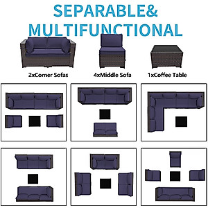 Kullavik Outdoor Patio Furniture Set, 7-Piece Patio All-Weather Outdoor Sofa, PE Wicker Combo Set with Coffee Table and Washable Sofa Seat Cushions (Navy Blue)