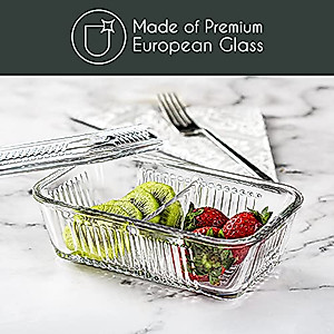 Crystalia Divided Glass Food Storage Containers with Lid, 2 Compartment Glass Meal Prep Containers for Butter and Honey, Lunch, Snacks, Leftovers, Divided Storage Glassware, 13.7 oz